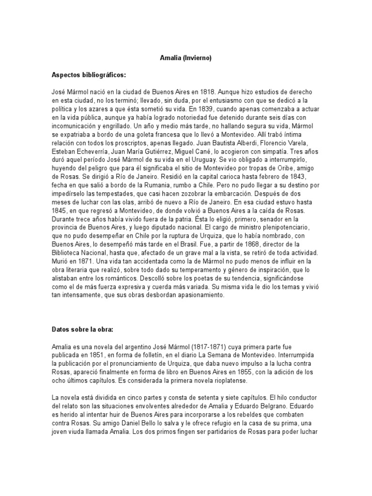 Resumen de "Amalia" de José Mármol | PDF | Argentina | Agitación