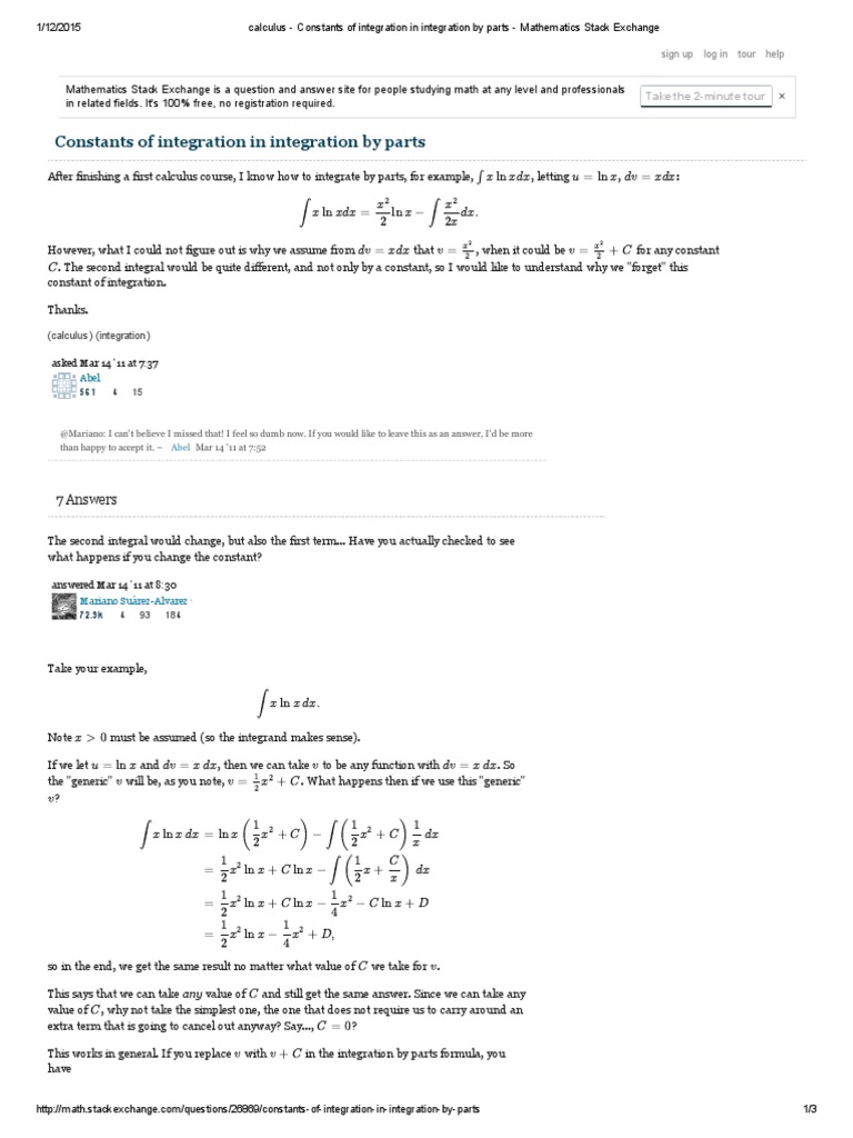 Calculus - Constants of Integration in Integration by Parts - Mathematics Stack Exchange PDF ...