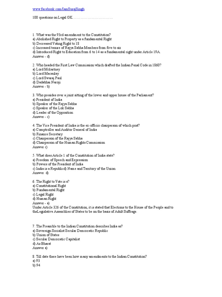 100 Legal GK Questions Part 1 | PDF | Supreme Court Of India | Public Law