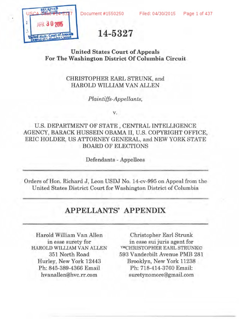 USCA DCC 14-5327 Strunk Et Al v DOS Et Al Appellant Brief Appendix ...
