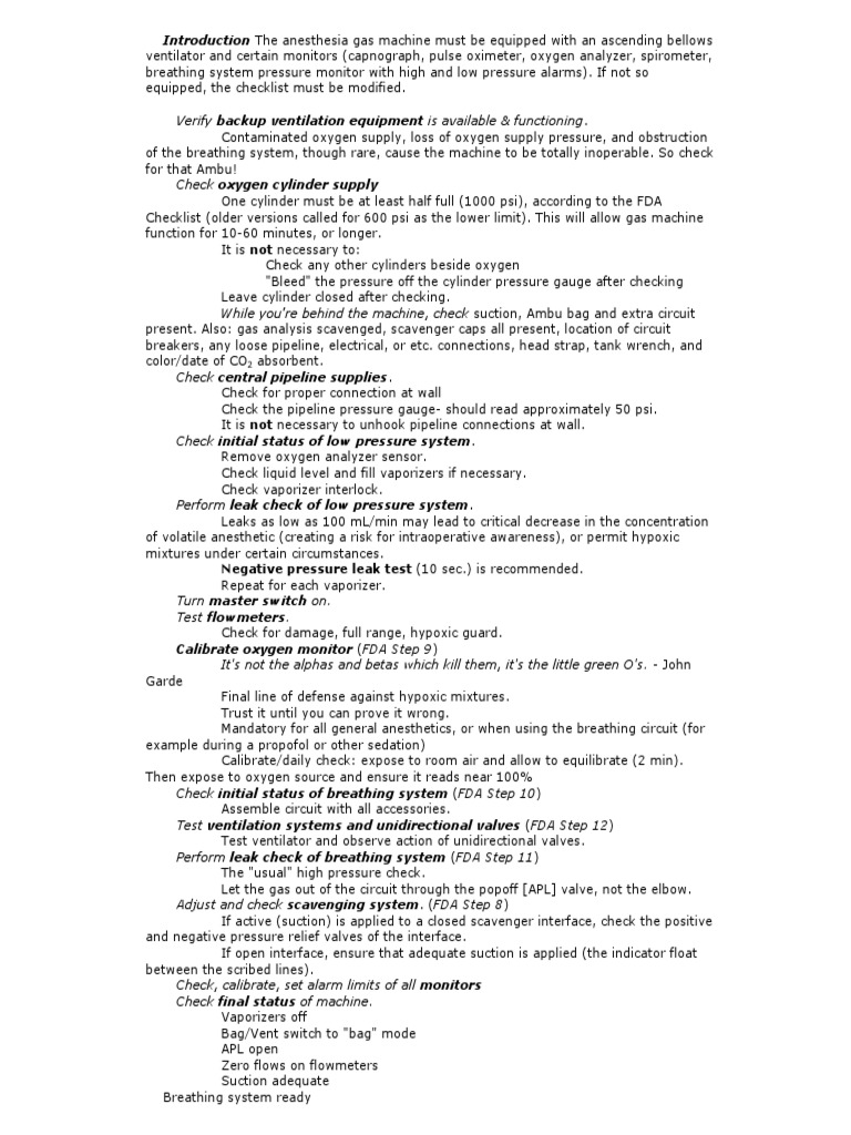 Anesthesia Machine Safety Checklist | PDF | Anesthesia | Breathing