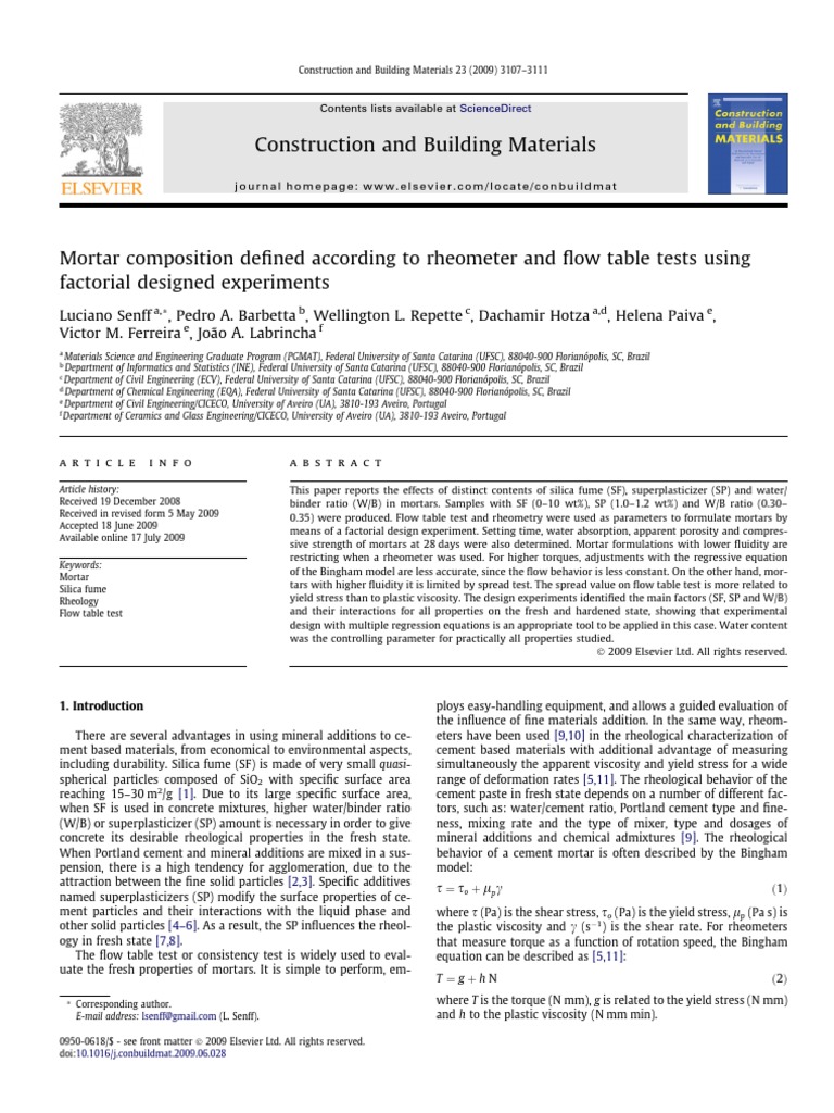 Mortar Rheology: Silica Fume & Flow Tests | PDF | Rheology | Yield ...