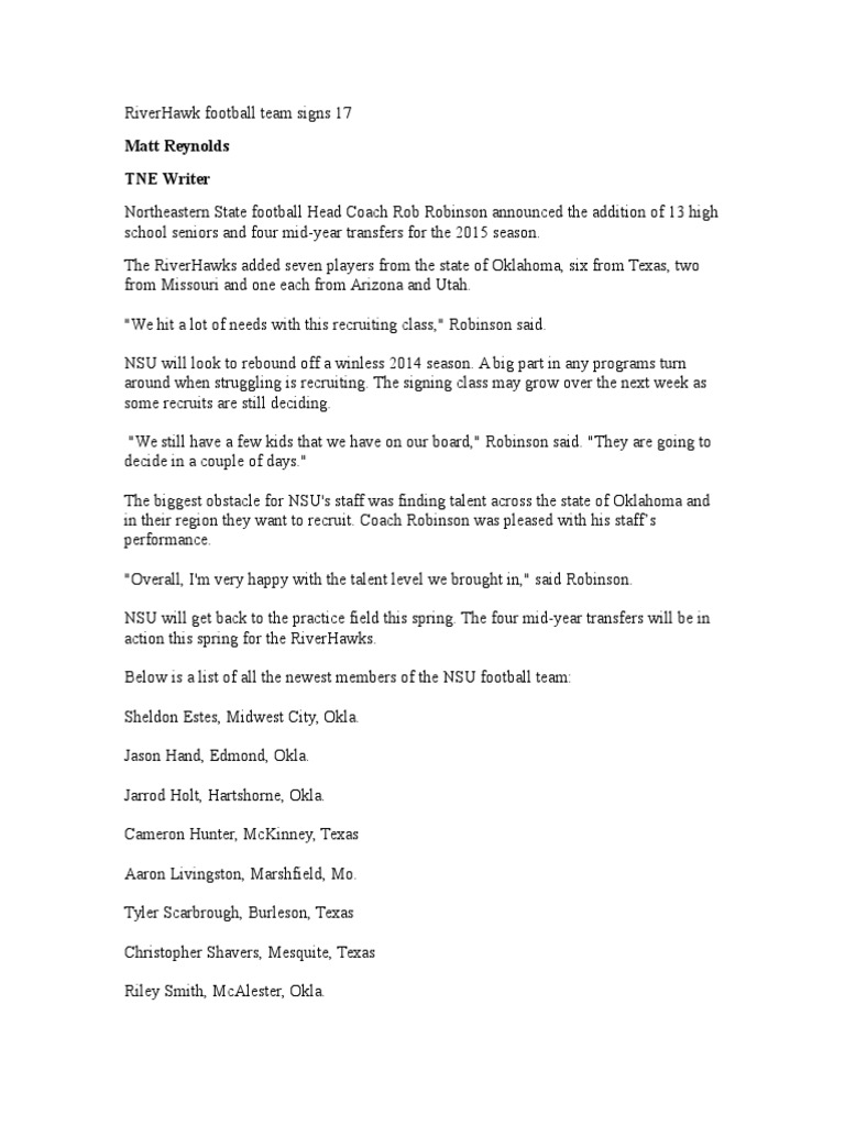 RiverHawk Football Team Signs 17 | PDF