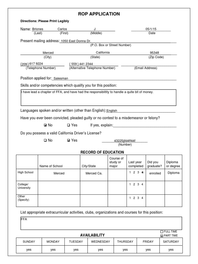ROP Application Form Template | PDF