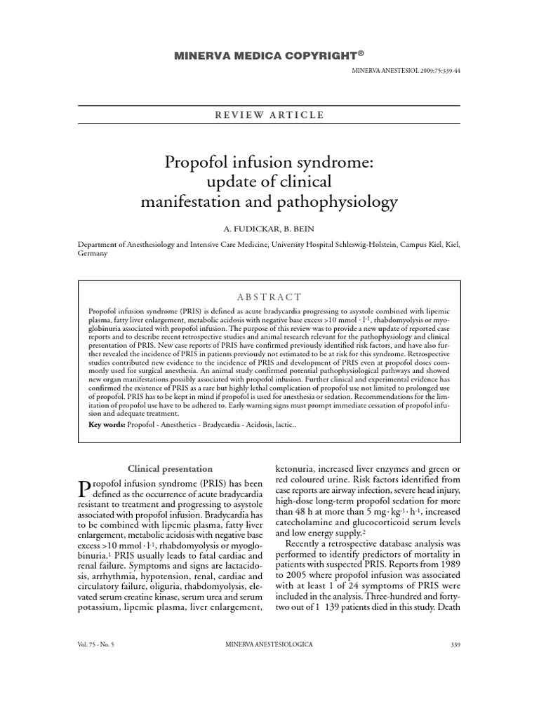 Propofol Infusion Syndrome: Update of Clinical Manifestation and ...