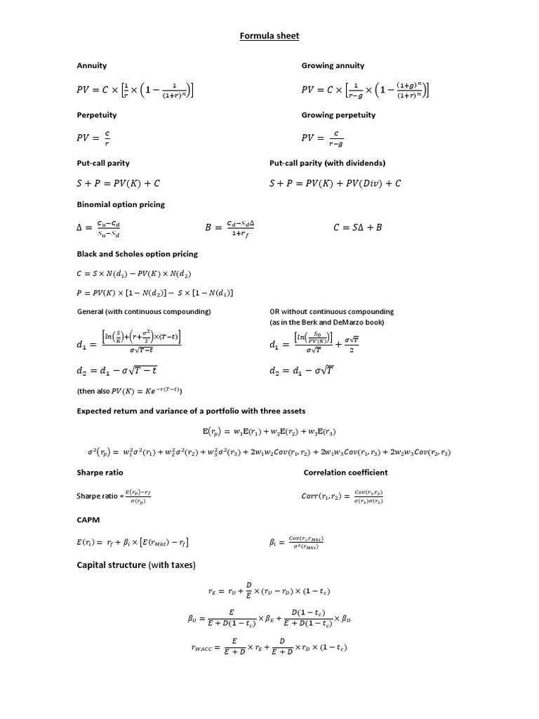 Formula Sheet: G A G J N J N | PDF | Mathematical Economics ...