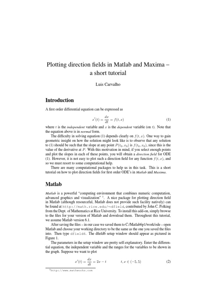Matlab Tutorial For Slopefield | Download Free PDF | Ordinary ... Matlab Tutorial For Slopefield | Download Free PDF | Ordinary ...