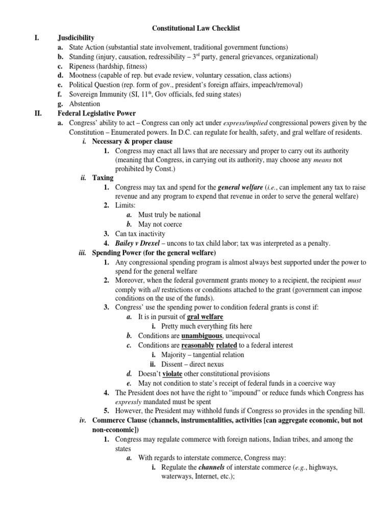 Constitutional Law Checklist | PDF | Federal Preemption | Presidents Of ...