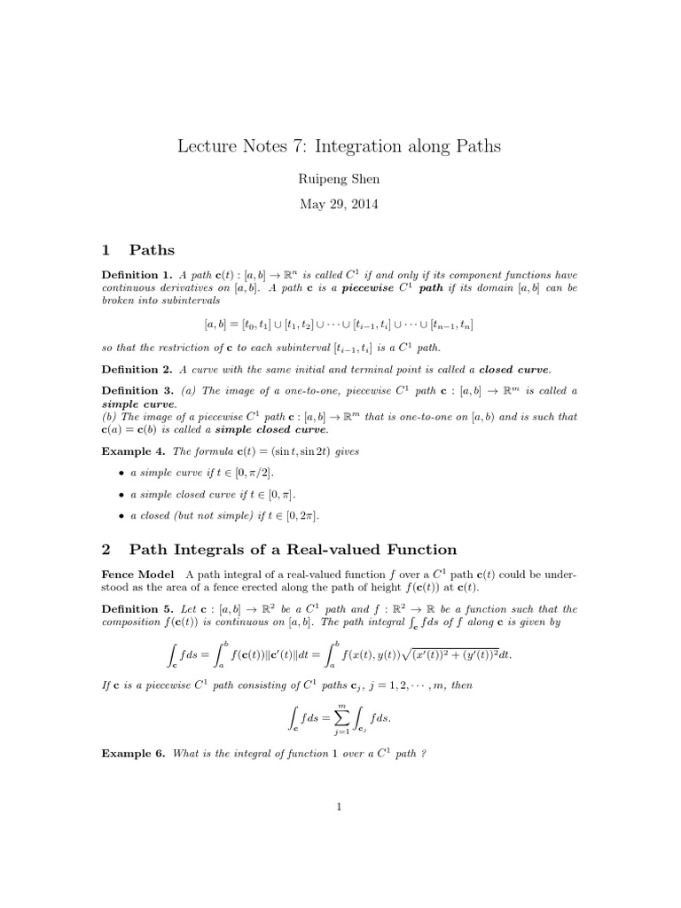 Lecture Notes 7: Integration Along Paths | PDF | Multivariable Calculus ...