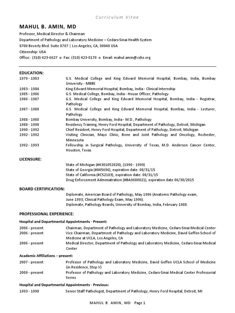 Mahul Amin Academic CV 5-4-2015 | PDF | Pathology | Prostate Cancer