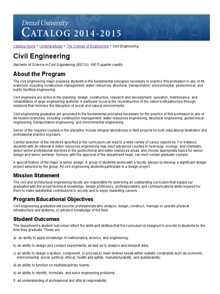Drexel Civil Engineering Study Plan | Civil Engineering | Academic Degree