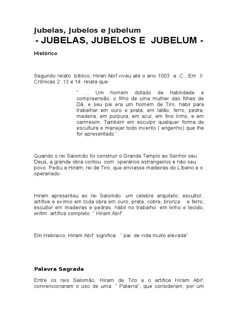 A lenda de Jubelas, Jubelos e Jubelum | PDF | Loja Maçônica | Salomão