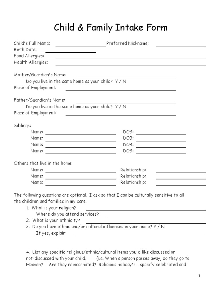 Family Intake Sheet1 | PDF | Sleep | Psychological Concepts