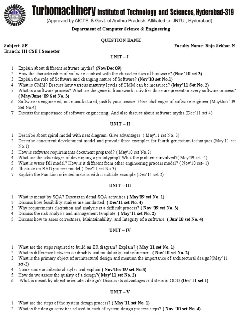Department of Computer Science & Engineering Question Bank Subject: SE Faculty Name: Raja Sekhar ...