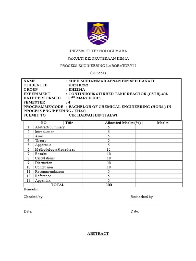 CSTR 40l | PDF | Chemical Reactor | Chemical Engineering