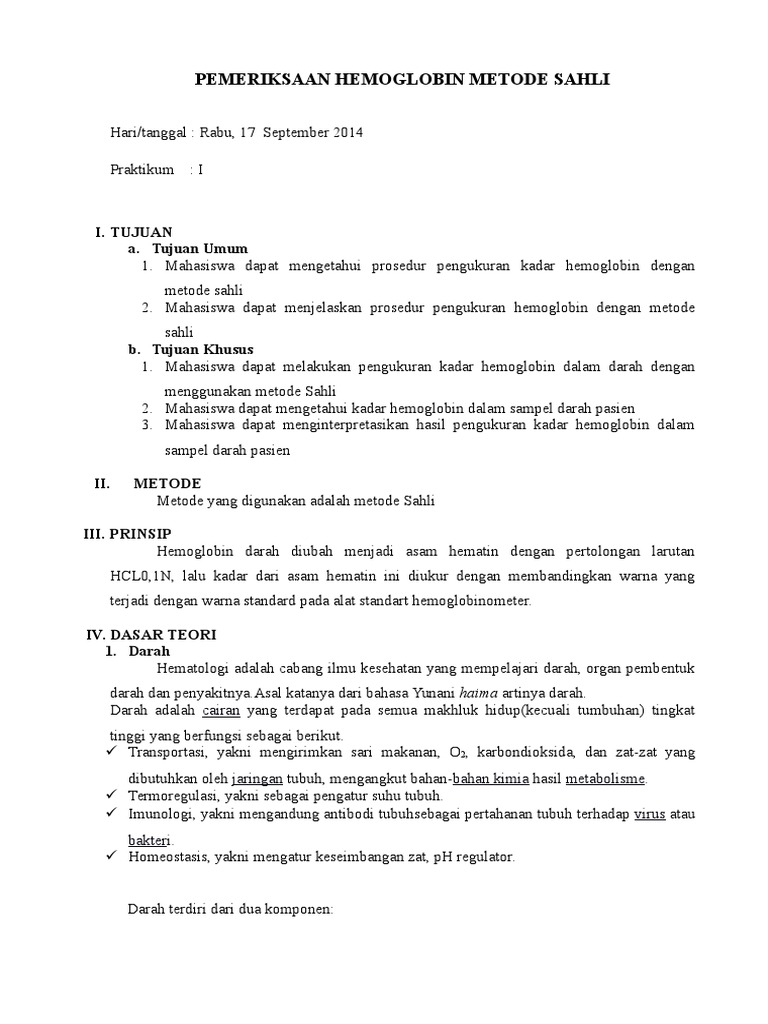 Pemeriksaan Hemoglobin Metode Sahli | PDF