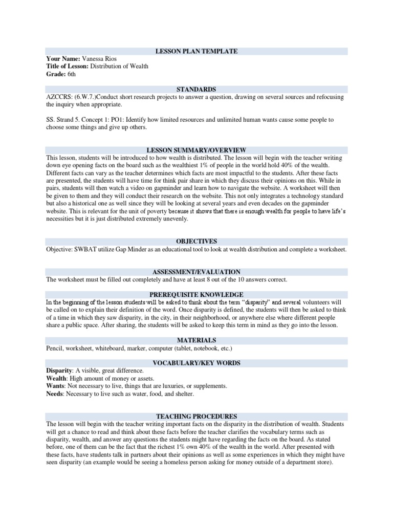 Wealth Distribution Lesson Plan for 6th Grade | PDF | Lesson Plan | Wealth