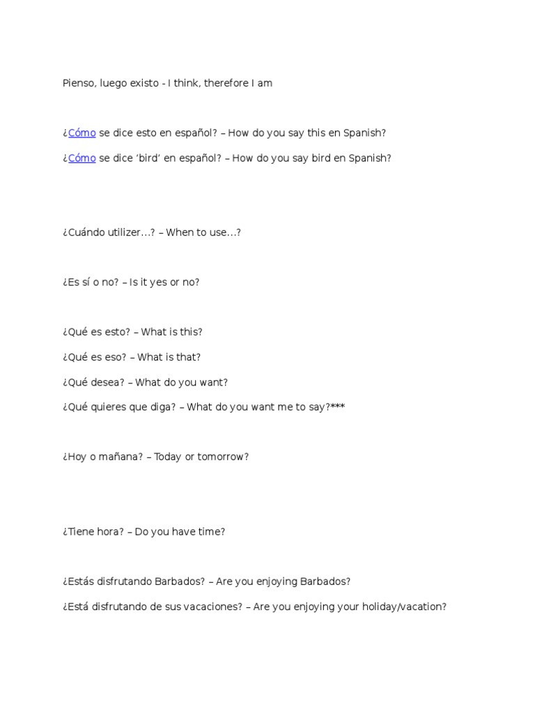 Spanish Phrases, Questions | PDF | Language Arts & Discipline | Foreign ...