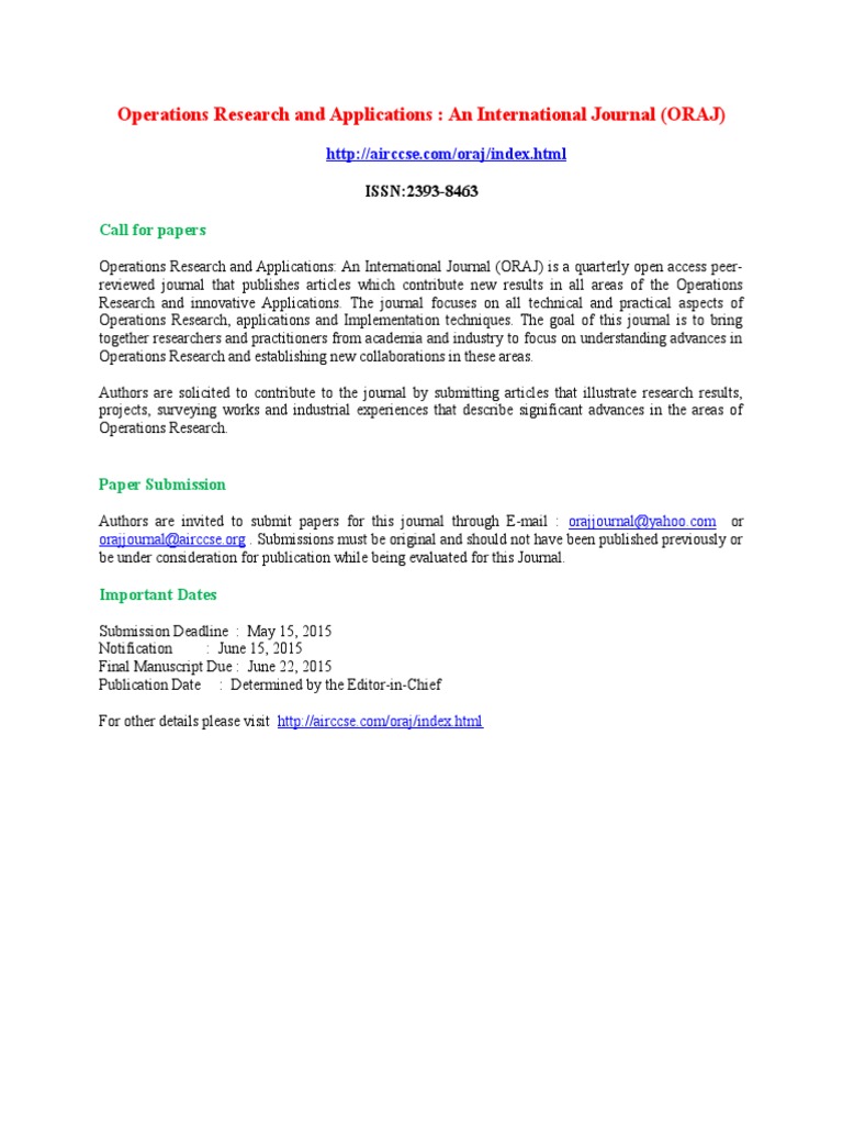 Operations Research Journal Call | PDF