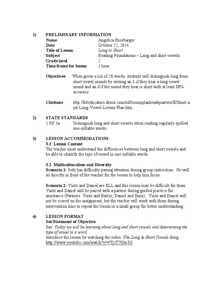 Long and Short Vowel Lesson Plan | PDF | Educational Assessment ...