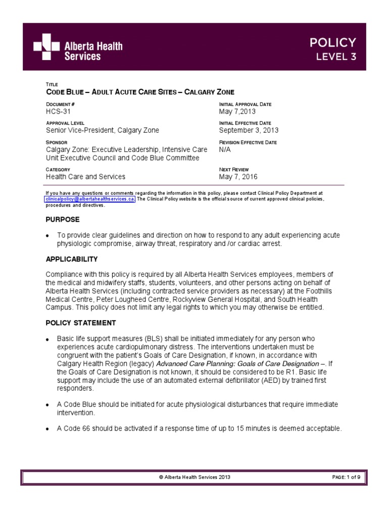 Code Blue Policy - Adult Care Sites - Calgary Zone | PDF | Intensive ...
