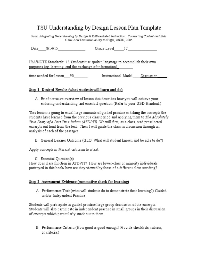 TSU Understanding by Design Lesson Plan Template: Step 1-Desired ...