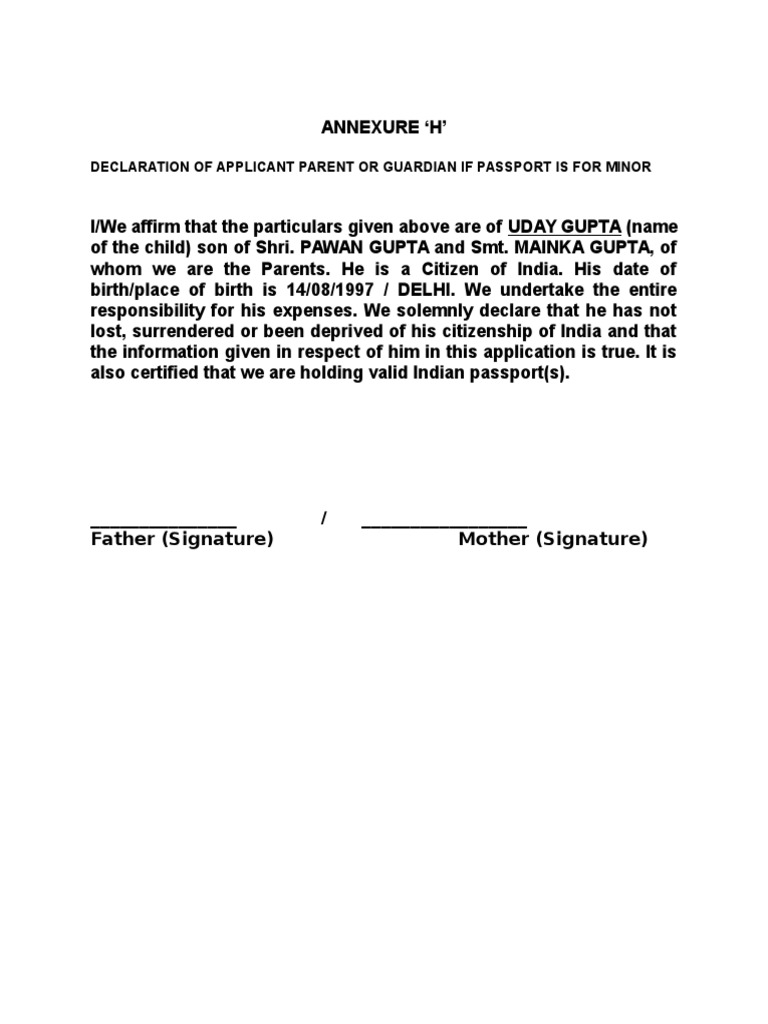 Annexure H For Indian Passport | PDF