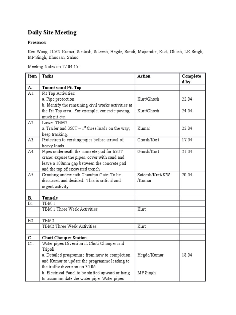 Daily Site Meeting | PDF | Tunnel | Structural Engineering