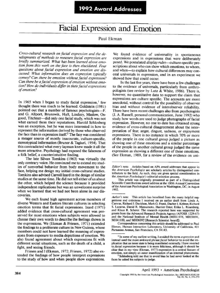 5 Facial Expression & Emotion - Paul Ekman | PDF | Facial Expression ...