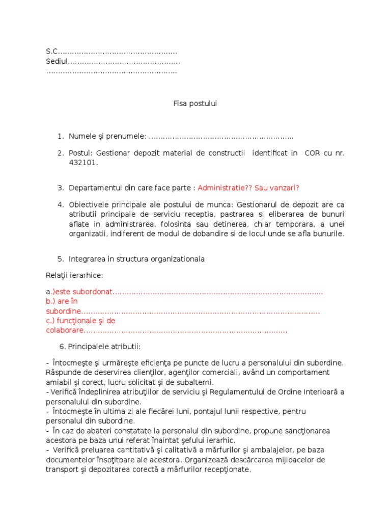 Fisa Post Gestionar Depozit | PDF