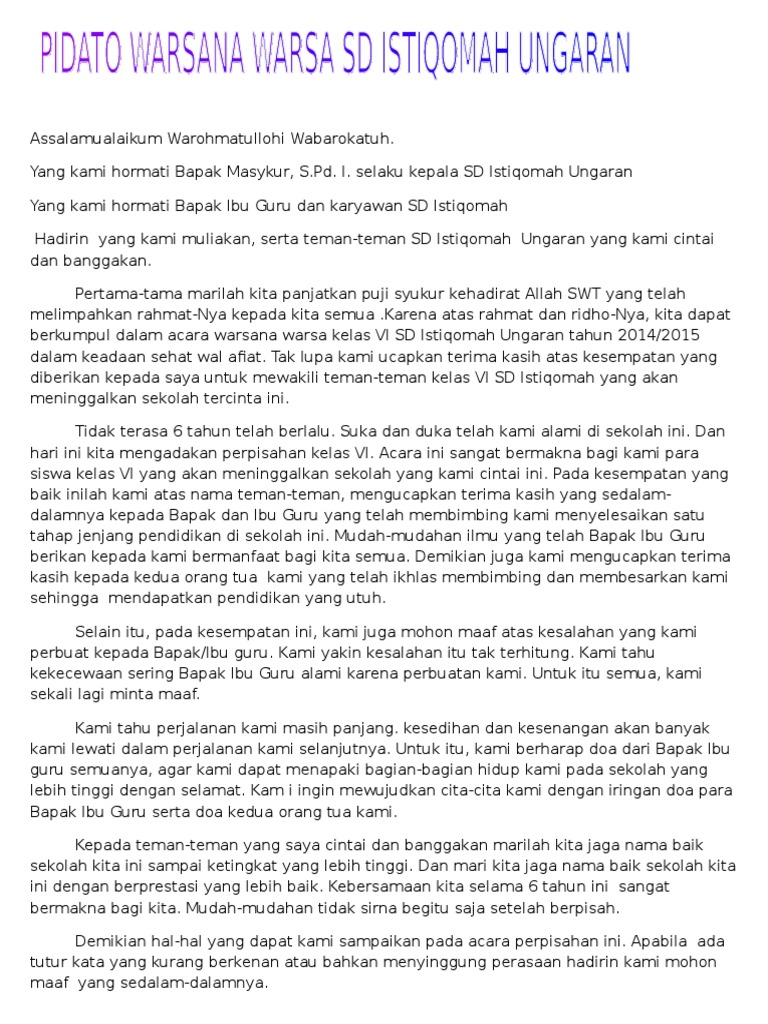 Pidato Wasana Warsa SD Istiqomah Ungaran | PDF