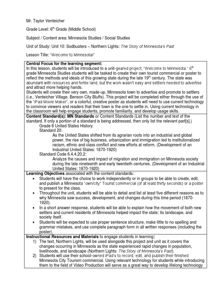 Welcome To Minnesota Lesson Plan Taylor Venteicher | PDF | Educational ...