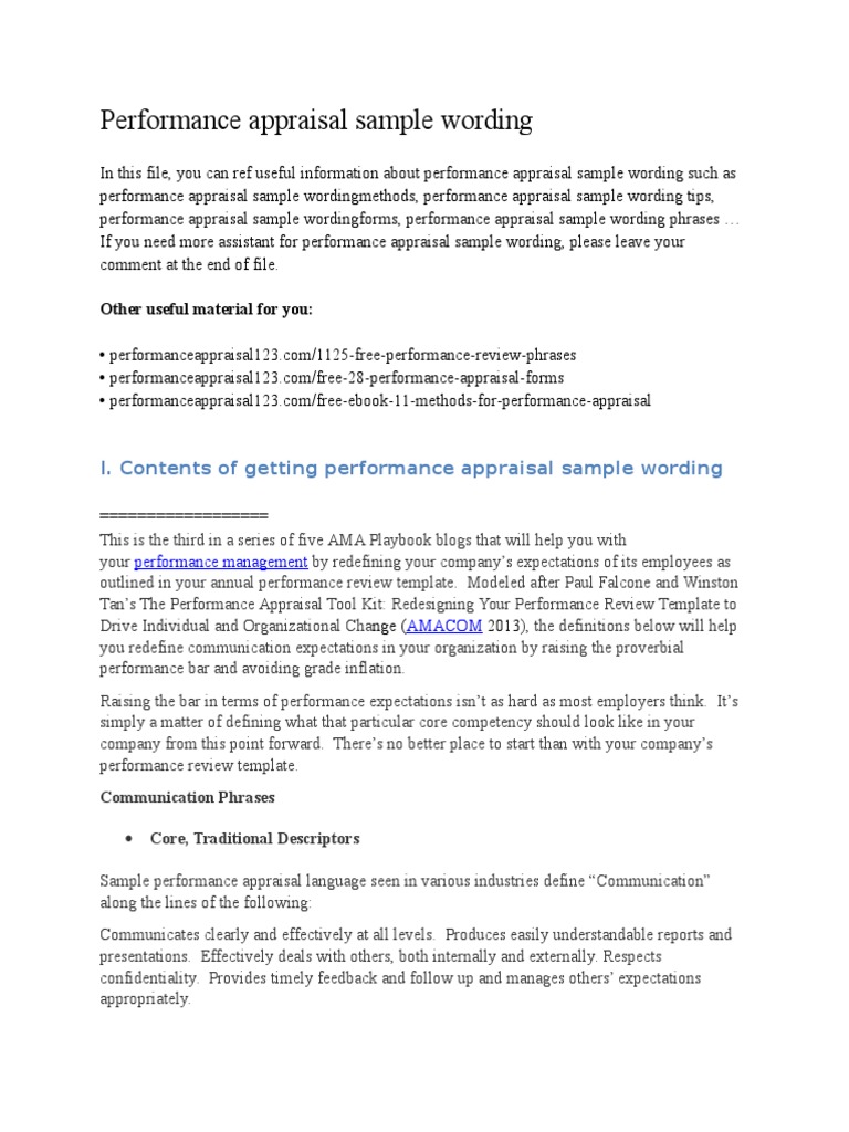Performance Appraisal Sample Wording | PDF | Performance Appraisal ...
