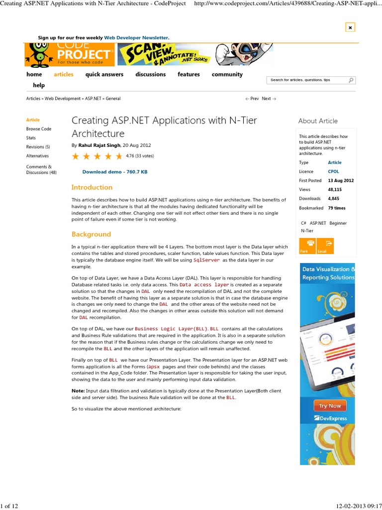 Creating Asp Net Applications With N Tier Architecture Codeproject Pdf Entity Framework