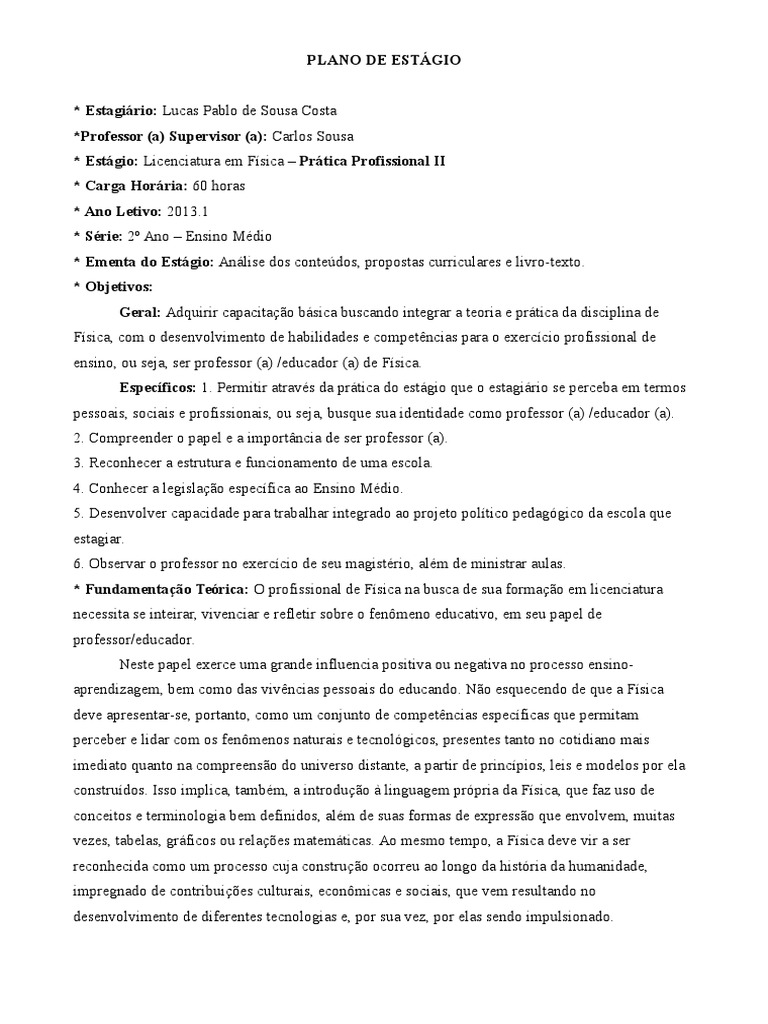 Plano de Estágio - Fisica | PDF | Física | Professores