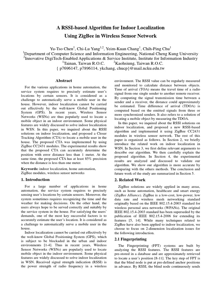 A Rssi Based Algorithm For Indoor Localization Using Zigbee In Wireless Sensor Network Pdf