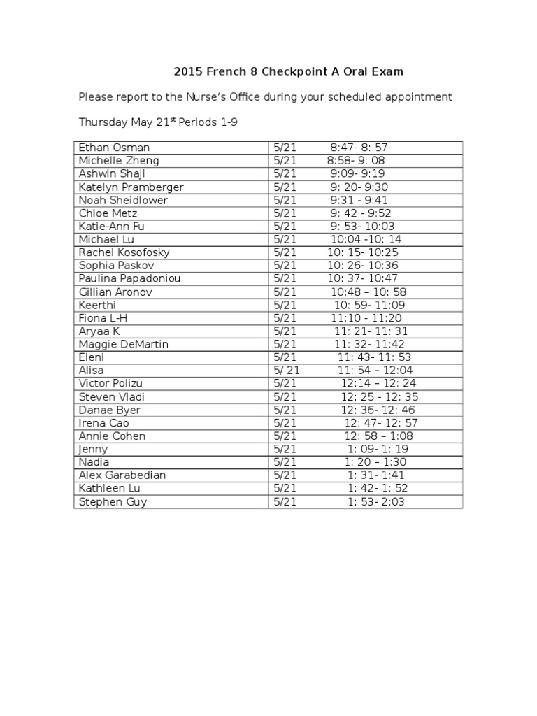 2015 French Oral Exam Schedule | PDF | Art
