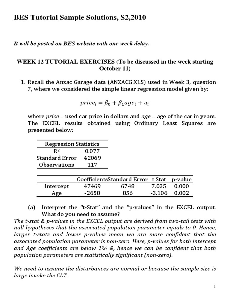 Students Tutorial Answers Week12 | PDF | Regression Analysis | Linear ...