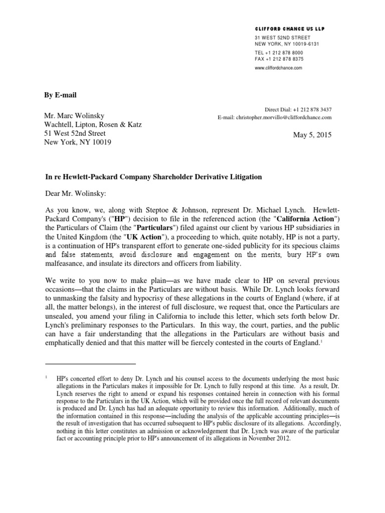 Clifford Chance Letter in Response To HP's Claim 050515sig | PDF ...