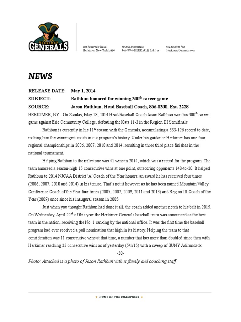 5-1-15 Rathbun 300 Career Wins | PDF