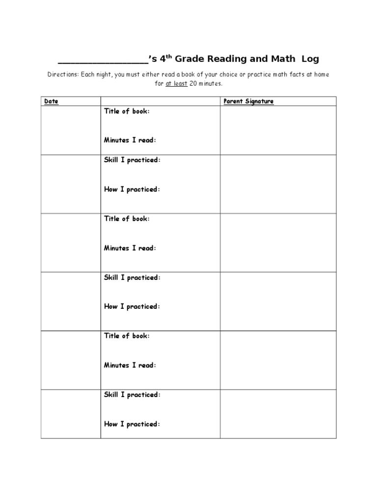 'S 4 Grade Reading and Math Log: Title of Book | PDF