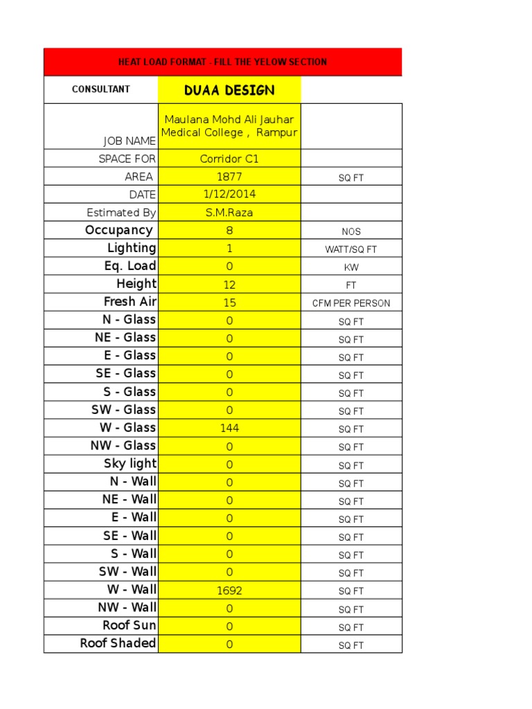 Heat Load Calculation Format | PDF | Ventilation (Architecture) | Duct ...