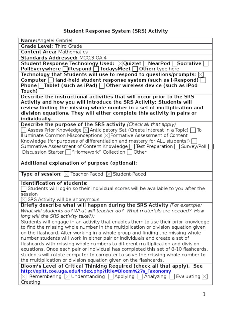 Srs and Assessment Tool Lesson Idea | PDF | Multiple Choice ...