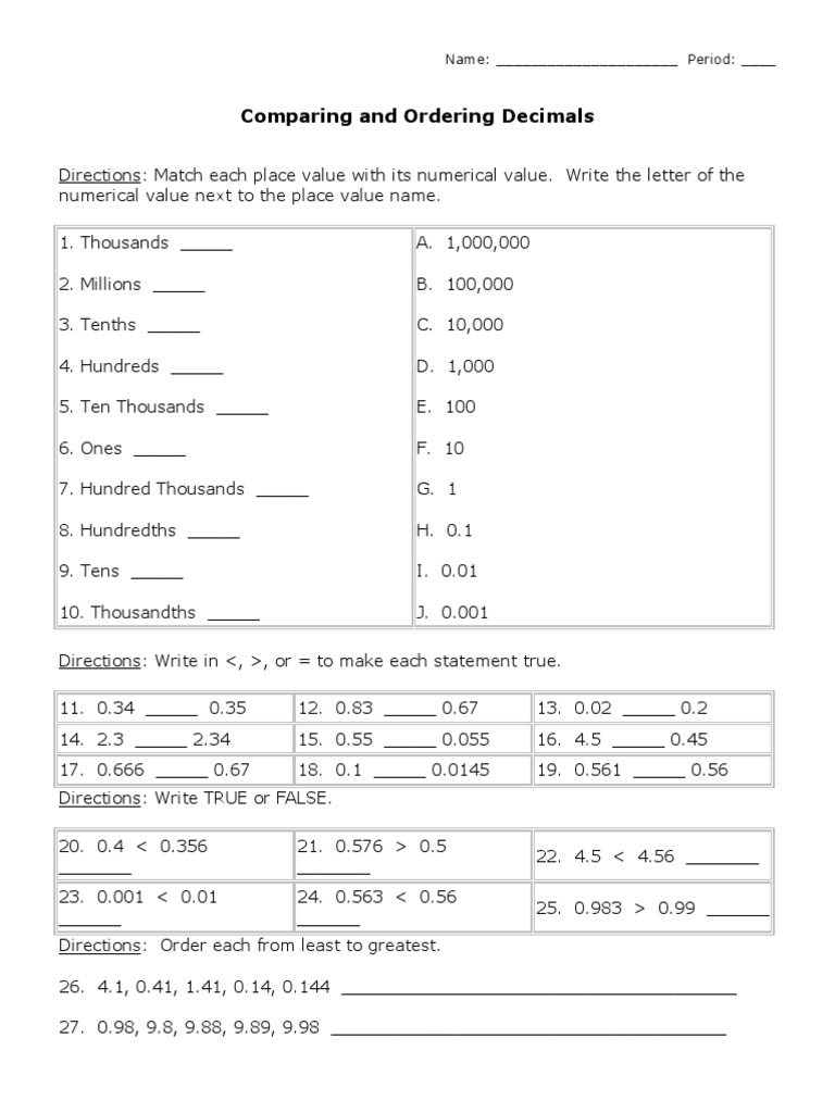 Decimal Place Value Practice | PDF | Teaching Methods & Materials ...