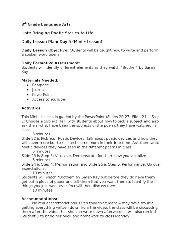 8th Grade Spoken Word Poetry Lesson | PDF