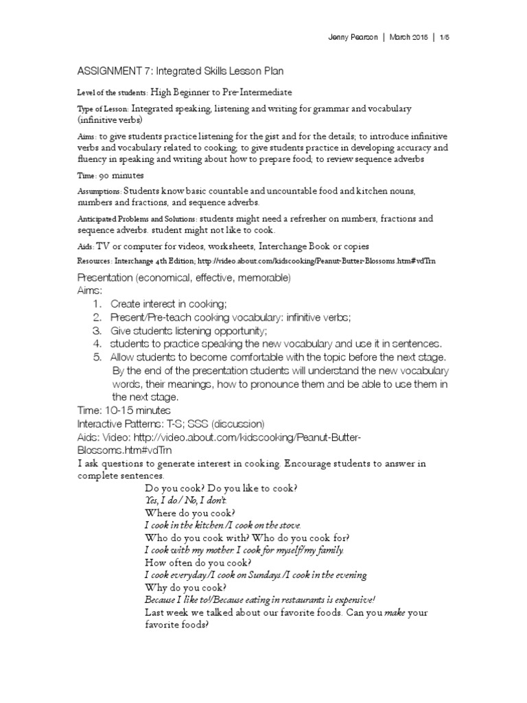 Integrated ESL Lesson Plan | PDF | Lesson Plan | Baking