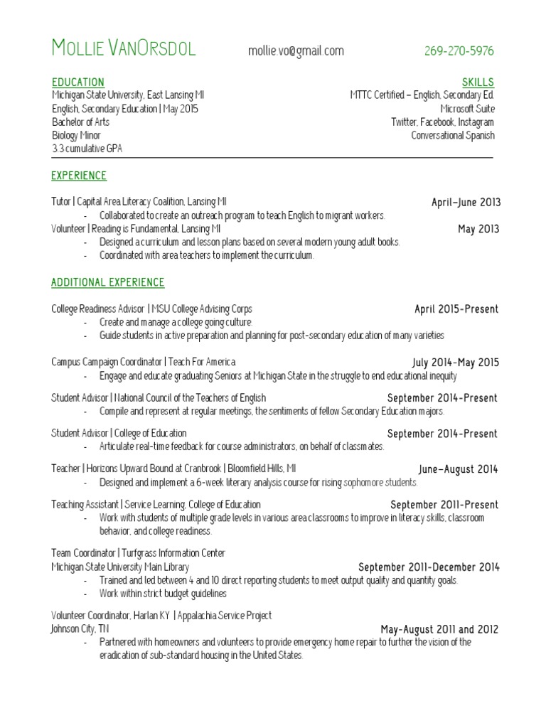 English Education Professional Resume | PDF | Michigan State University ...