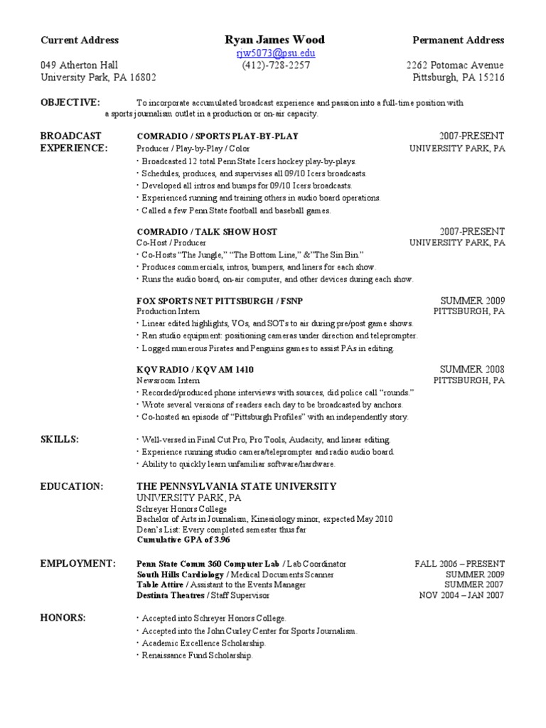 Ryan Wood 2010 Resume | PDF | Pennsylvania State University | Pennsylvania