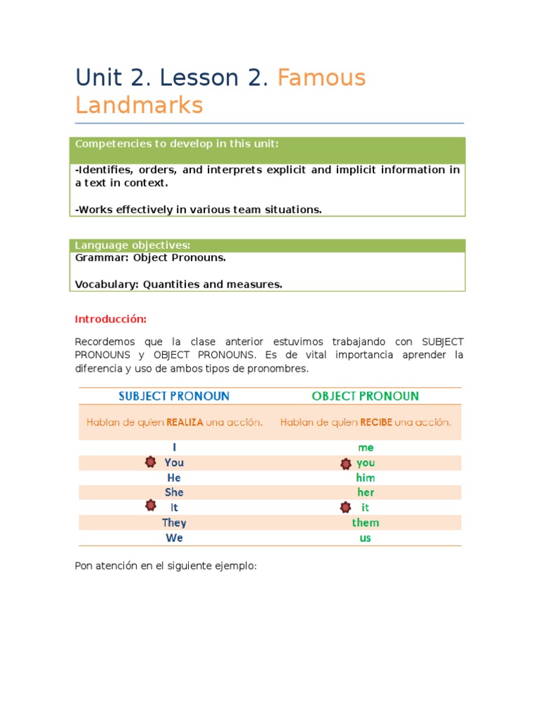 Unit 2. Lesson 2. Famous Landmarks | PDF | Language Arts & Discipline