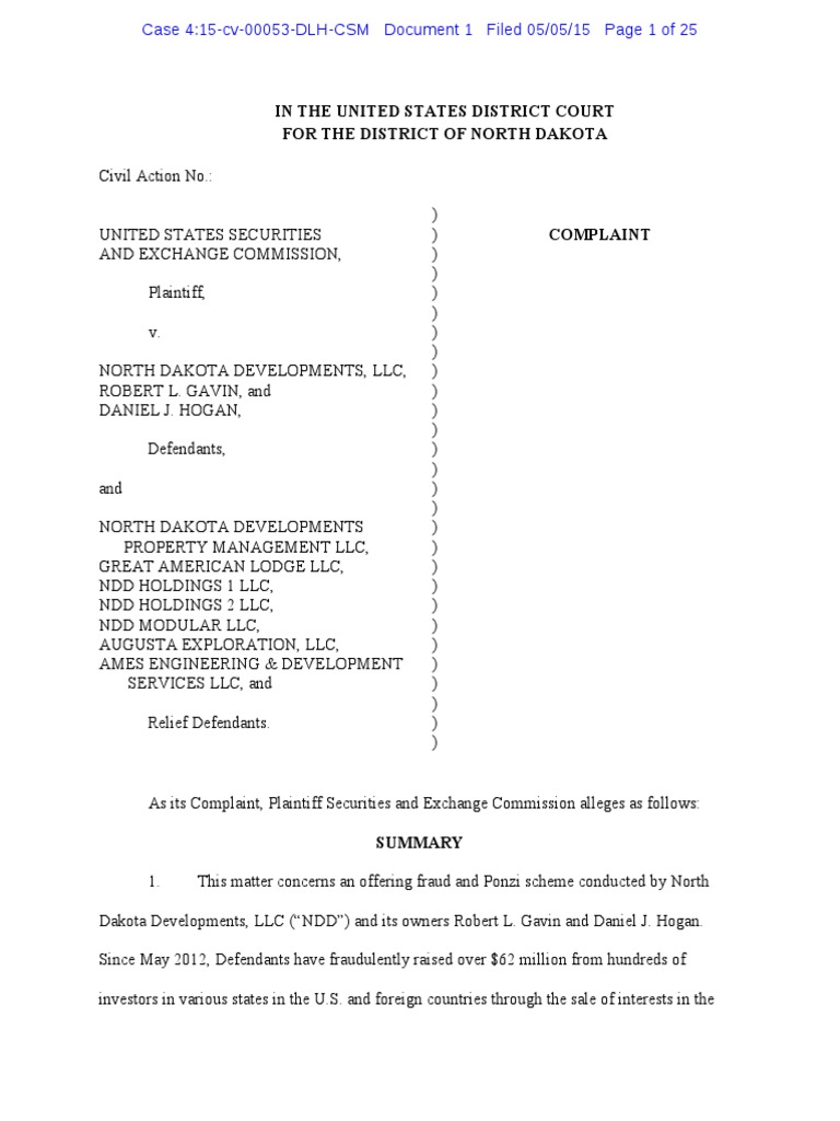 Complaint ND | PDF | Securities Act Of 1933 | Sec Rule 10b 5